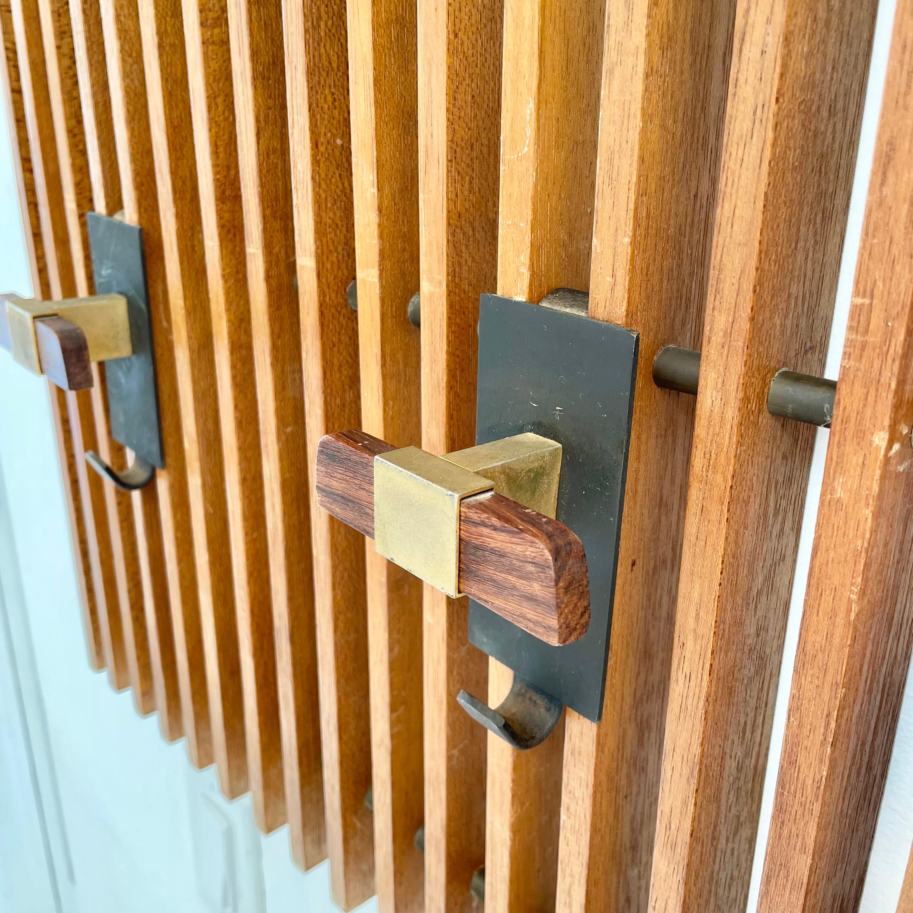 Italian Brass and Wood Slat Coat Rack at 1stDibs | slat wall coat hooks ...