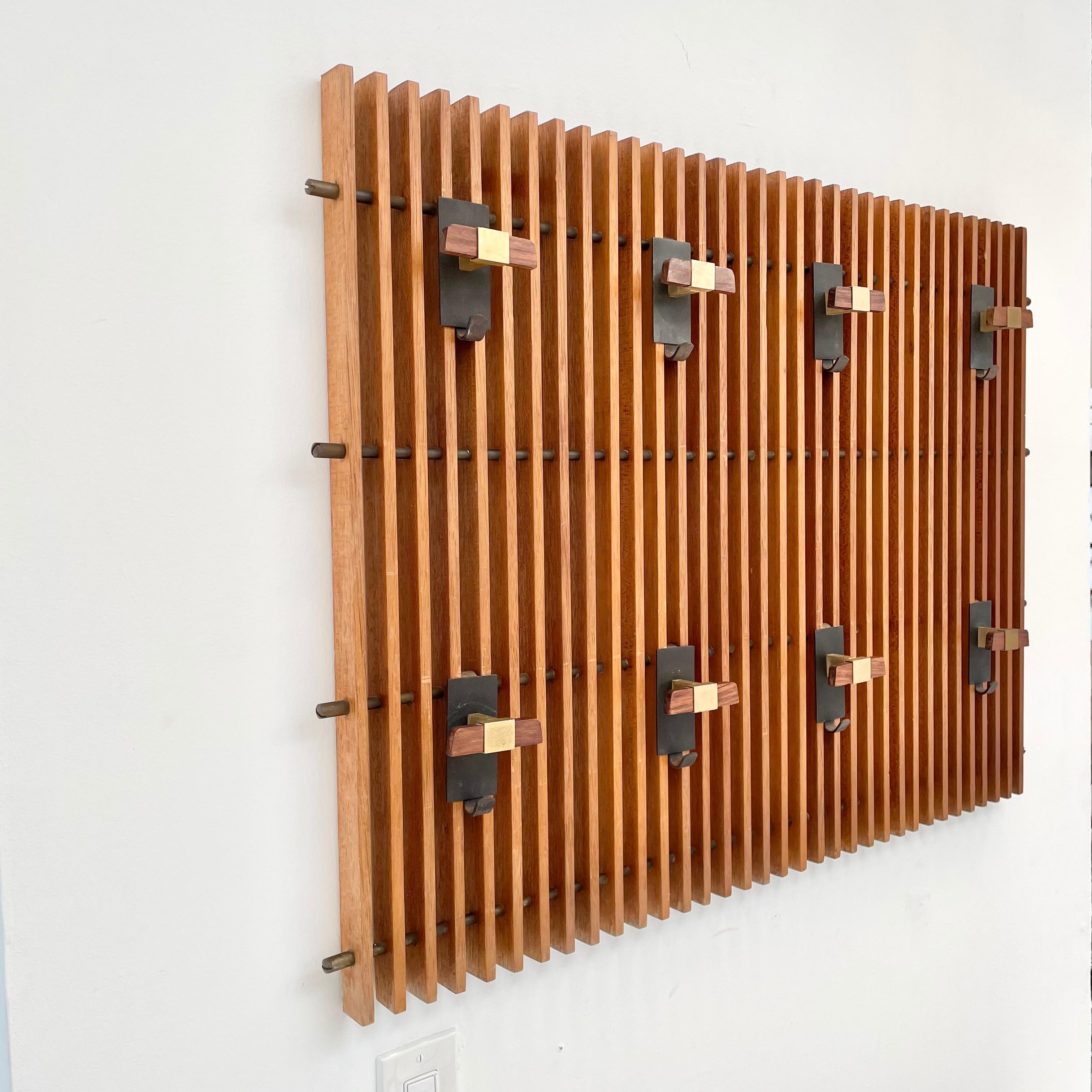 Italian Brass and Wood Slat Coat Rack at 1stDibs | slat wall coat hooks ...