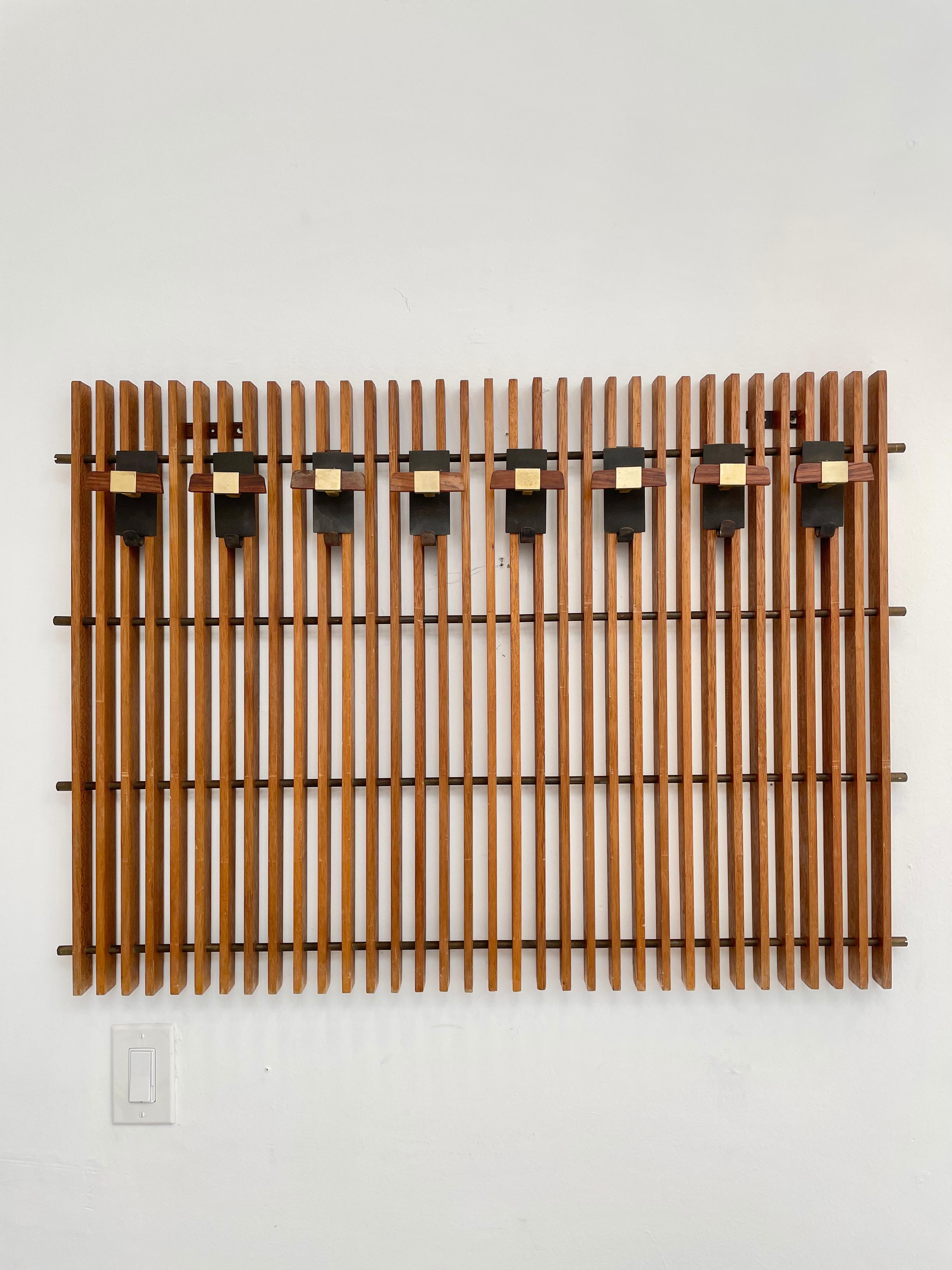 Italian Brass and Wood Slat Coat Rack at 1stDibs | slat wall coat hooks ...