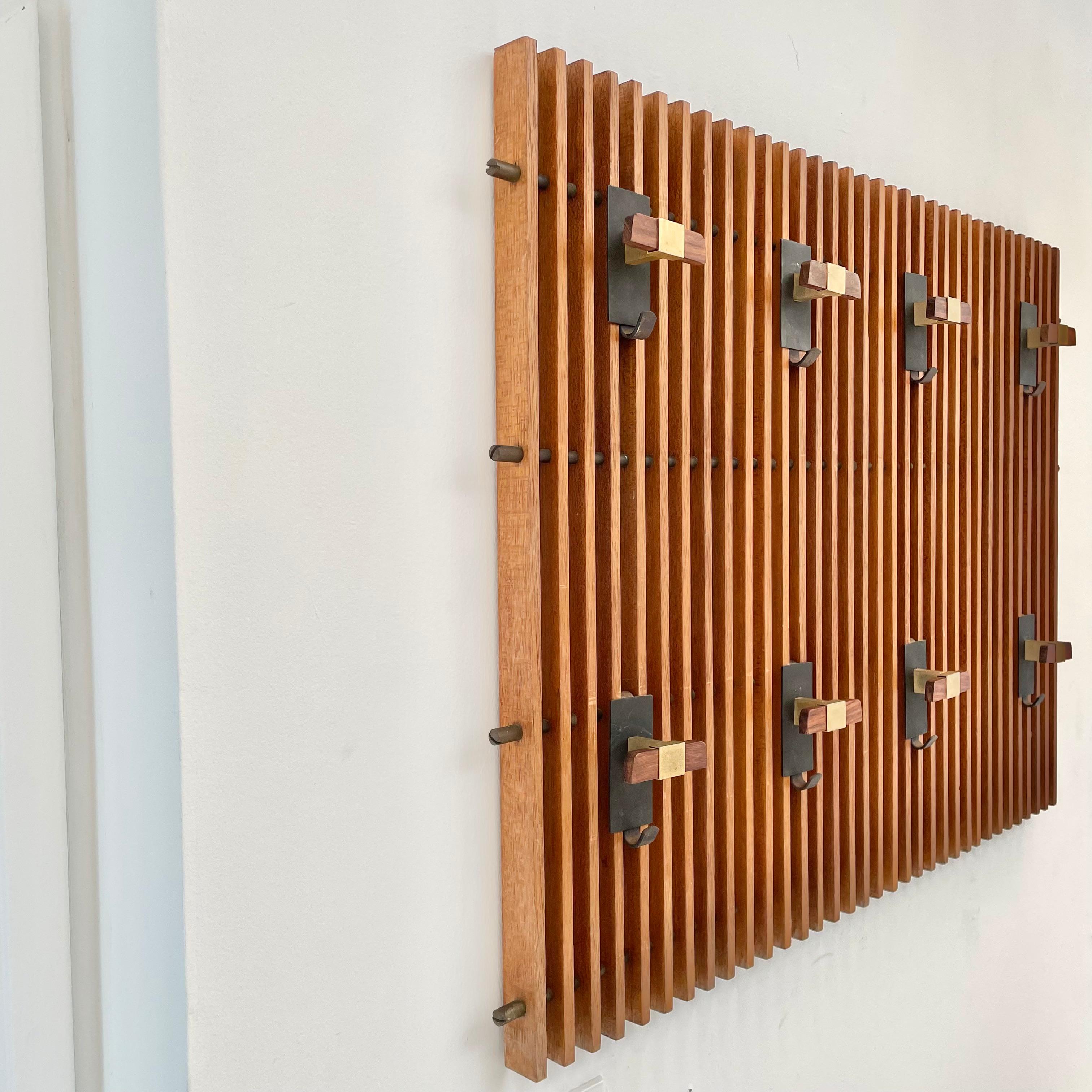 Italian Brass and Wood Slat Coat Rack at 1stDibs | slat wall coat hooks ...
