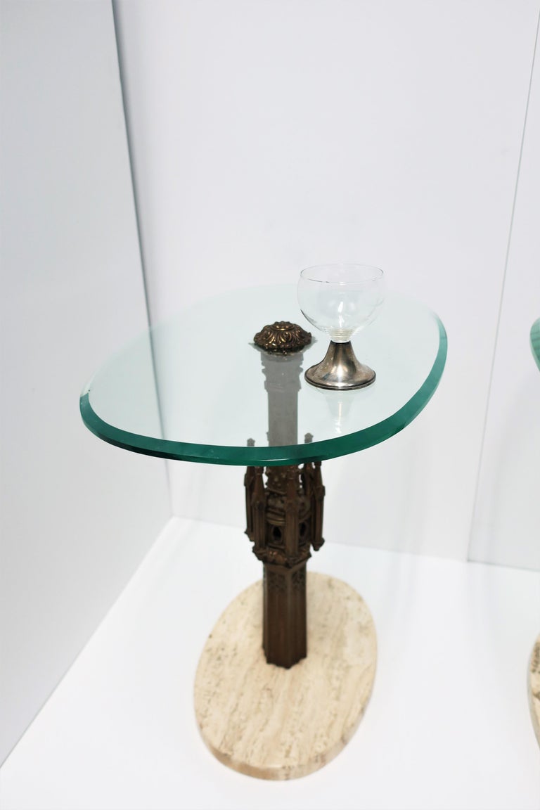 Italian Gothic Brass Glass and Travertine Marble Side or End Tables ...