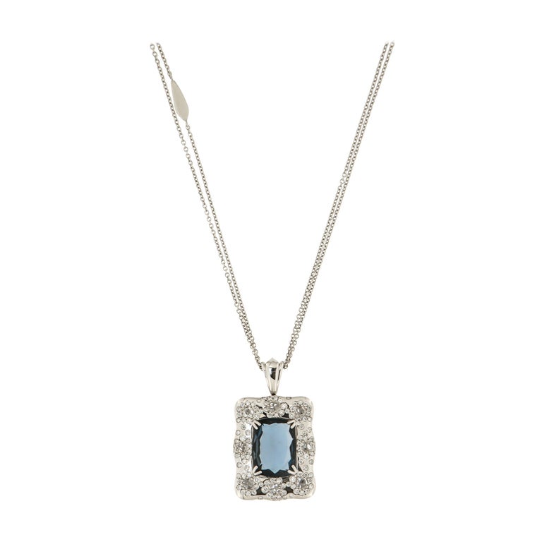 Italian Breathtaking 18k London Blue Topaz Diamonds White Gold Necklace ...