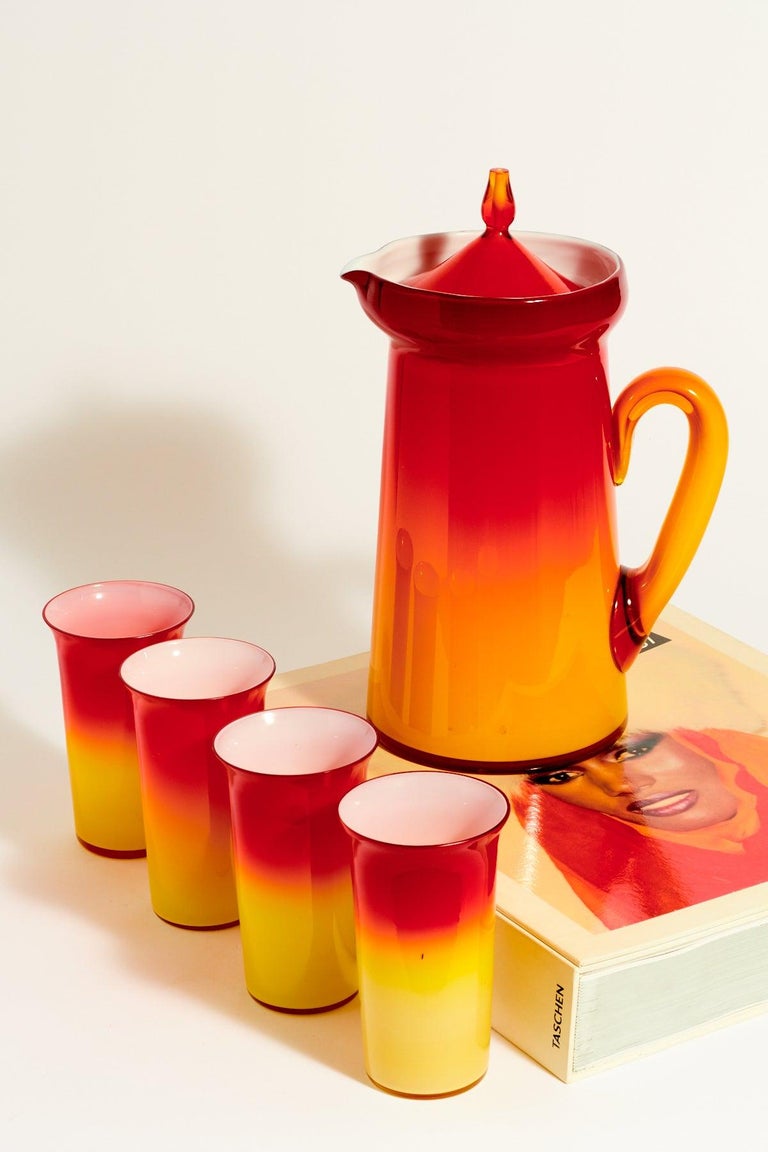 Italian Brilliant Red and Yellow Pitcher Set For Sale at 1stDibs