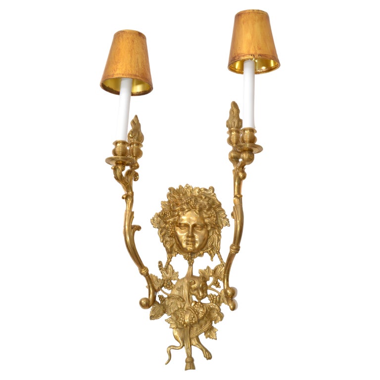 Italian Bronze 2 Arm Sconce Bacchus Face Grapes Panther Flame Torch ...