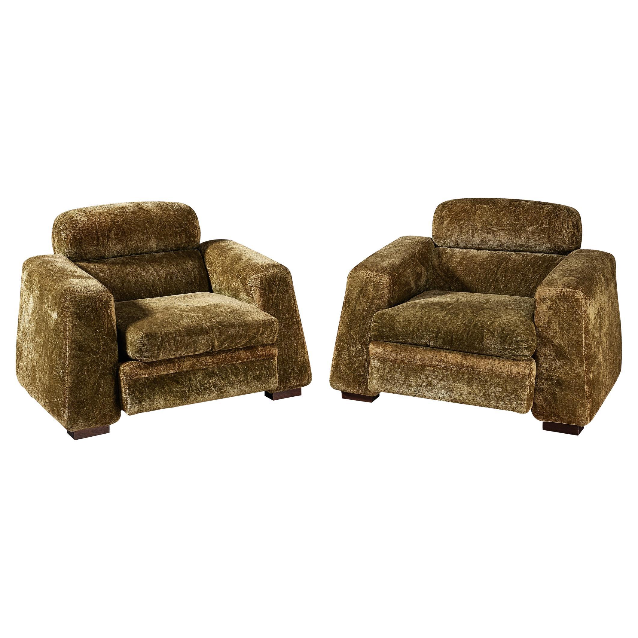 Italian Pair of Curved Lounge Chairs in Ruby Red Velvet For Sale at 1stDibs