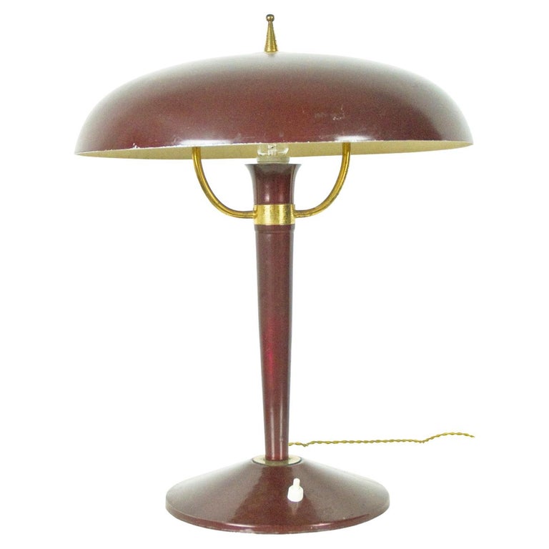Italian Burgundy Metal and Brass 1950s Table Lamp For Sale at 1stDibs