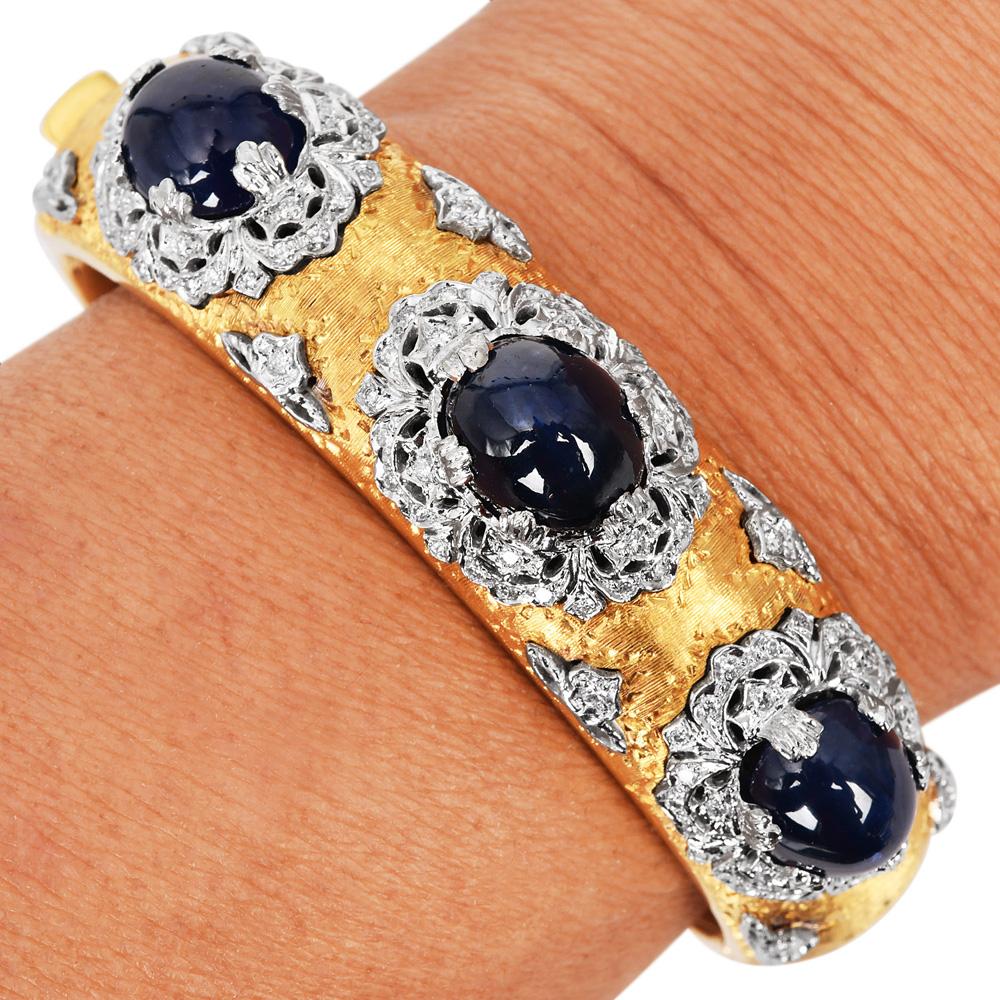 Italian Cabochon Sapphire Diamond 18K Gold Bangle Bracelet For Sale at ...