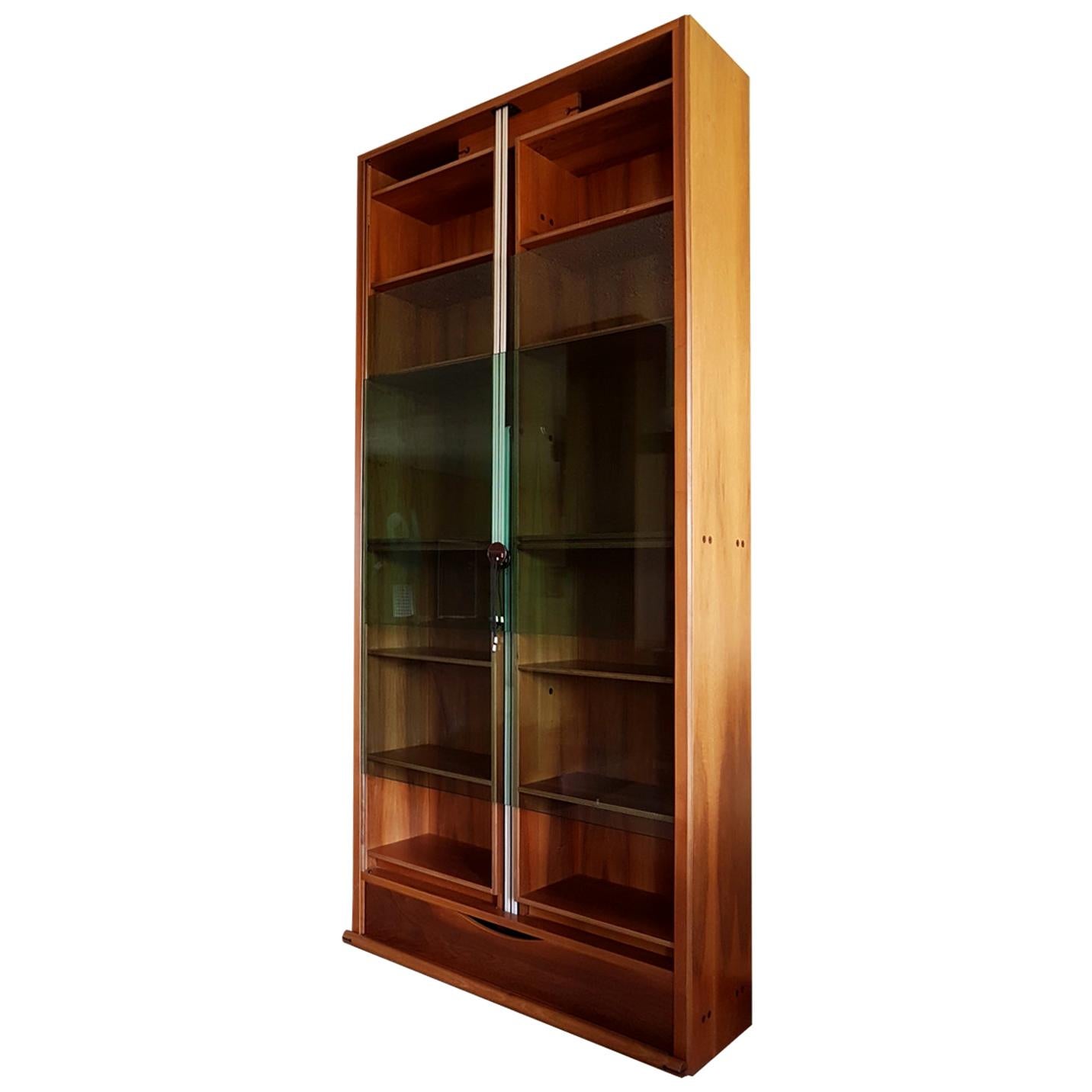 Italian Carlo Scarpa Walnut Bookcase with Glass Doors and Wood Shelves ...