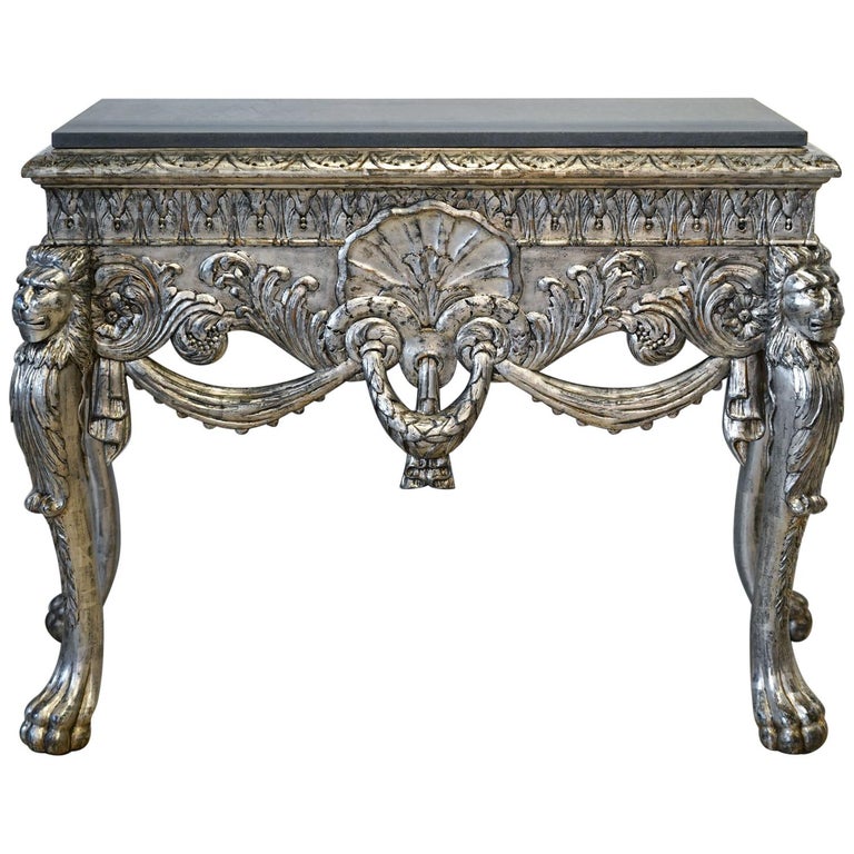 Italian Carved Baroque Style Silver Gilt Slate Top Console Table, circa ...