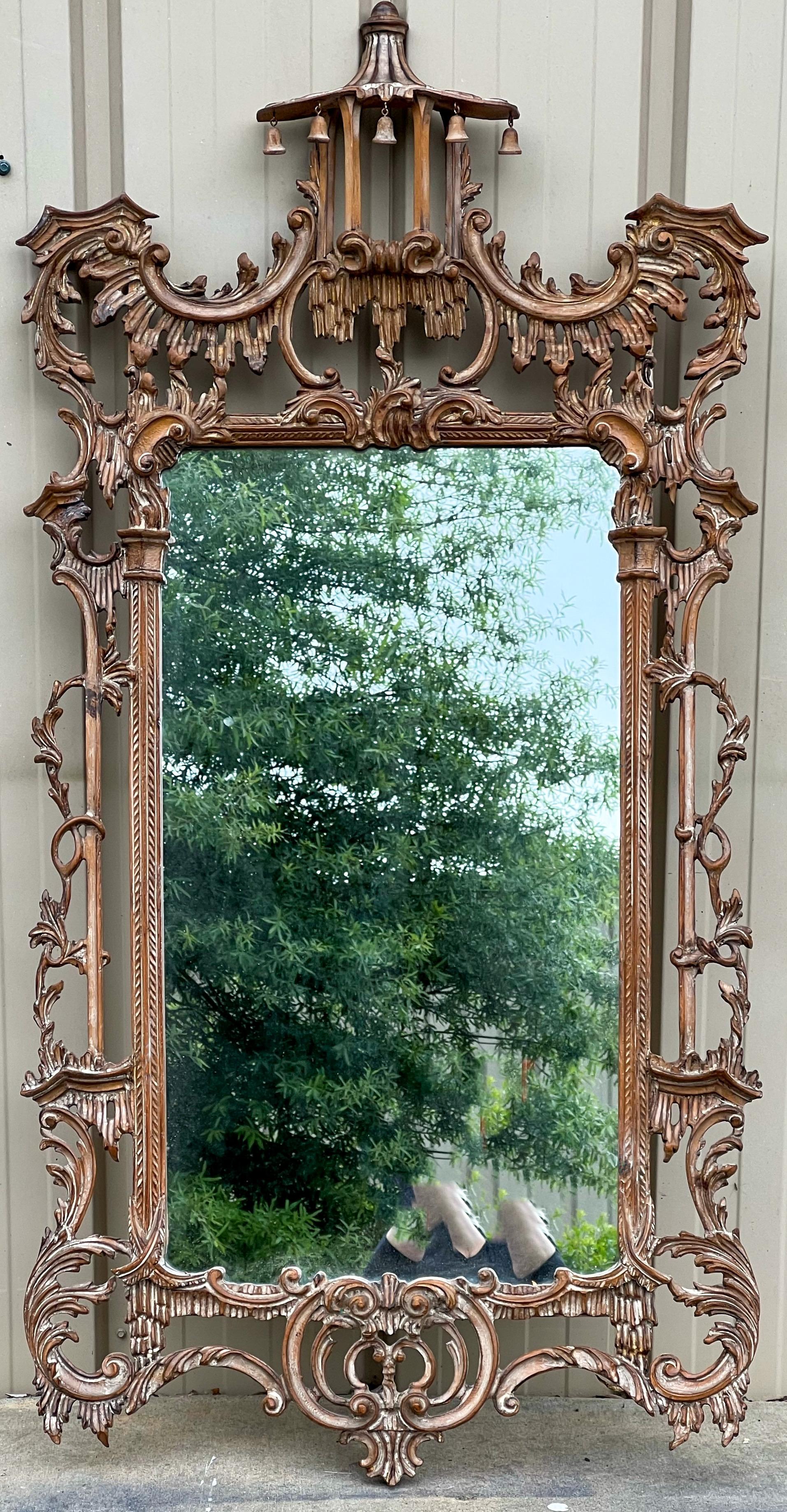 Italian Carved Cerused Pine Chinese Chippendale Style Mirror by Labarge ...