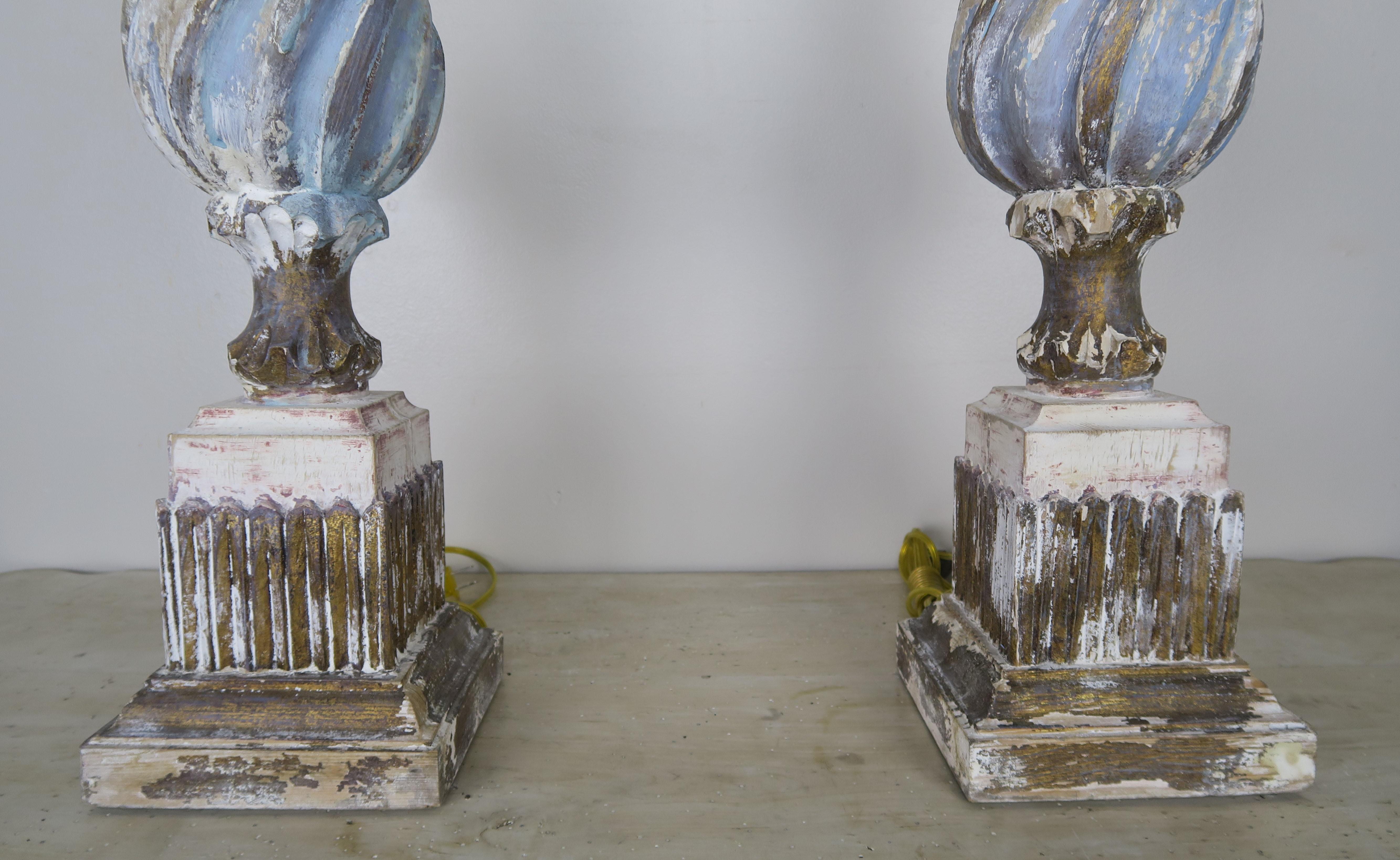 Italian Carved Periwinkle Lamps with Linen Shades, Pair at 1stDibs