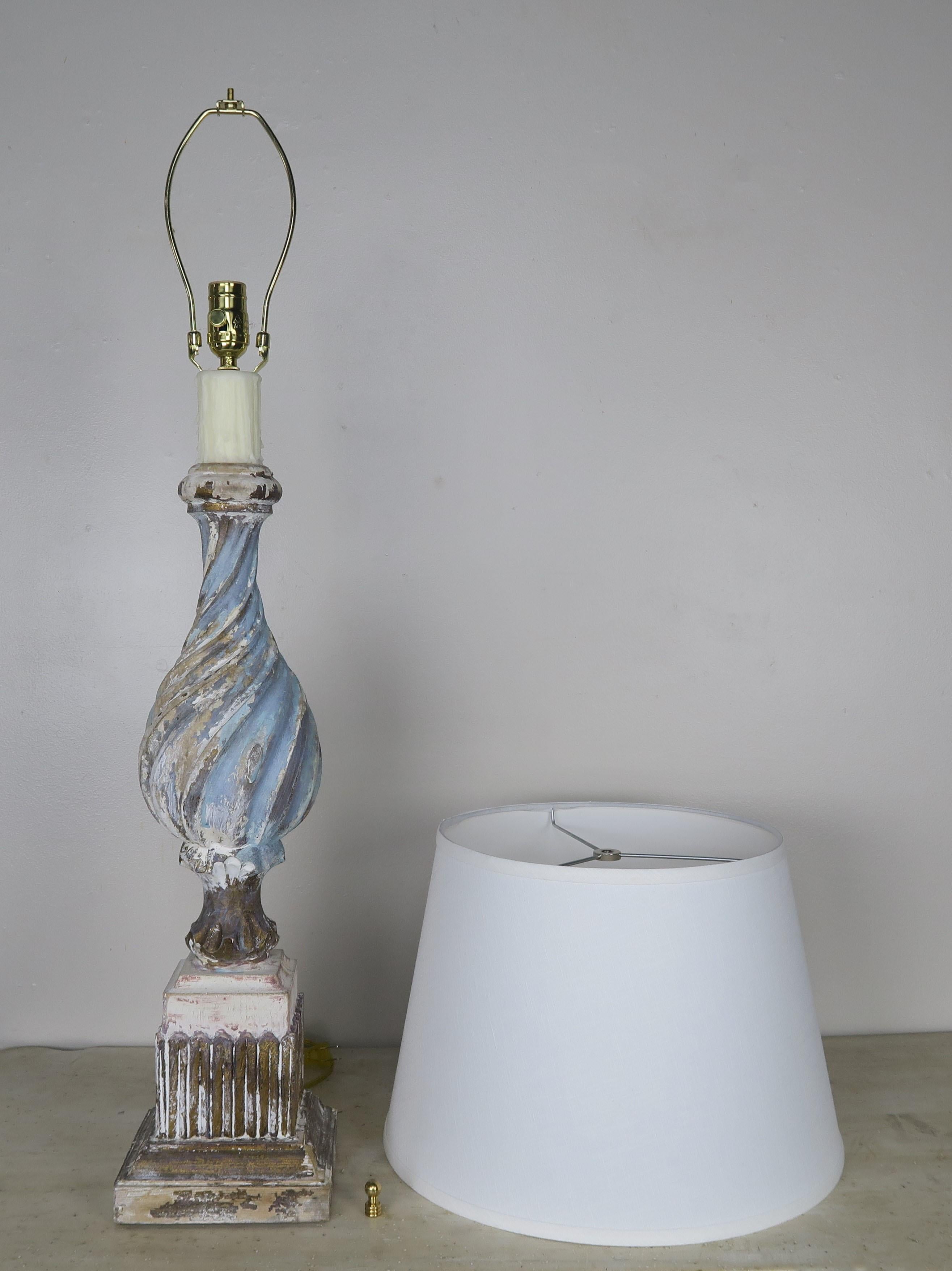 Italian Carved Periwinkle Lamps with Linen Shades, Pair at 1stDibs