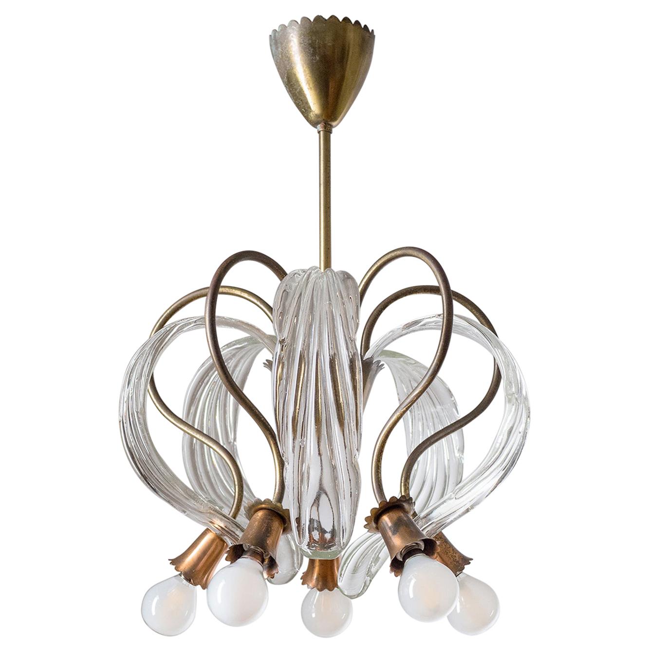 Italian Ceiling Light, 1940s, Glass, Brass and Copper at 1stDibs