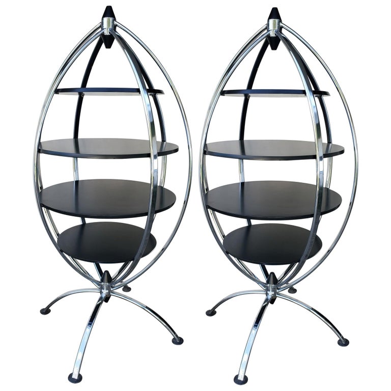 Italian Chrome and Wood Revolving Shelving Units For Sale at 1stDibs