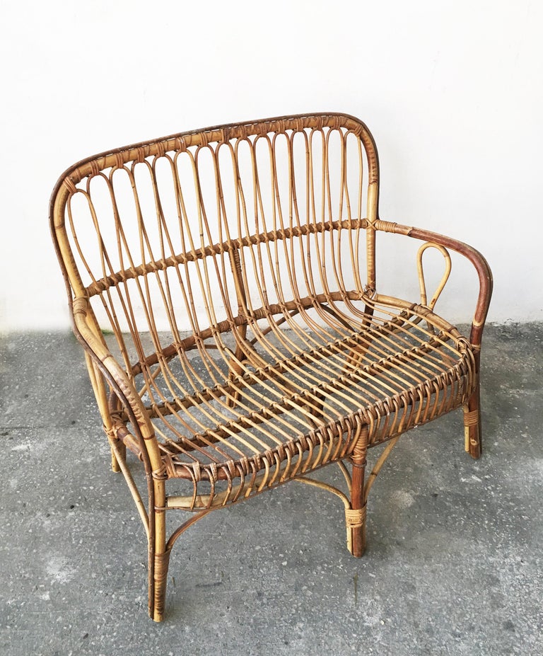 Italian Classic Sofa in Bamboo and Rattan with Curved Twine, Two-Seat ...