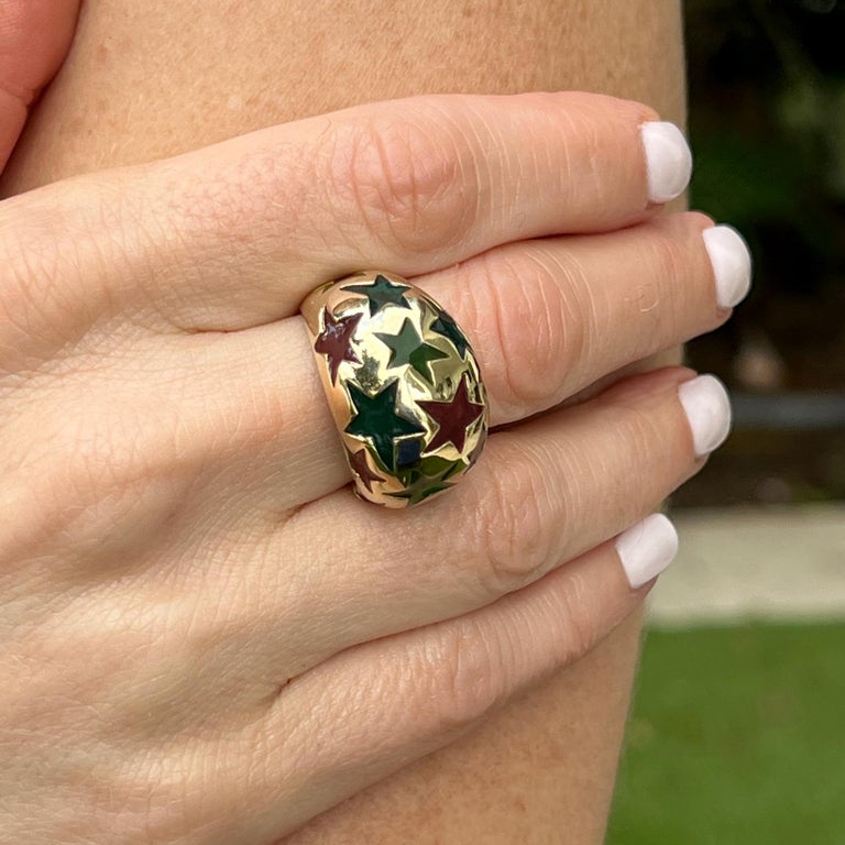 Italian Colorful Enamel Star 14 Karat Yellow Gold Vintage Dome Estate ...