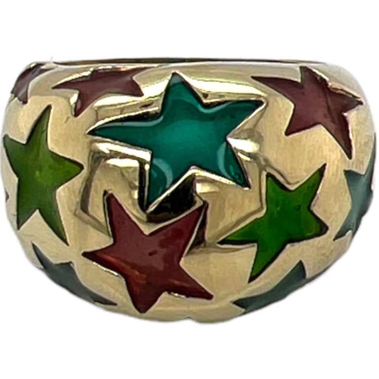 Italian Colorful Enamel Star 14 Karat Yellow Gold Vintage Dome Estate ...