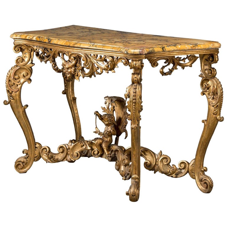 Console italienne avec plaque en marbre travertin "Breche d'Alep" En ...