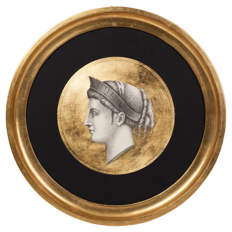 Italian Contemporary Print of Ancient Profile with Round Gold Wooden ...