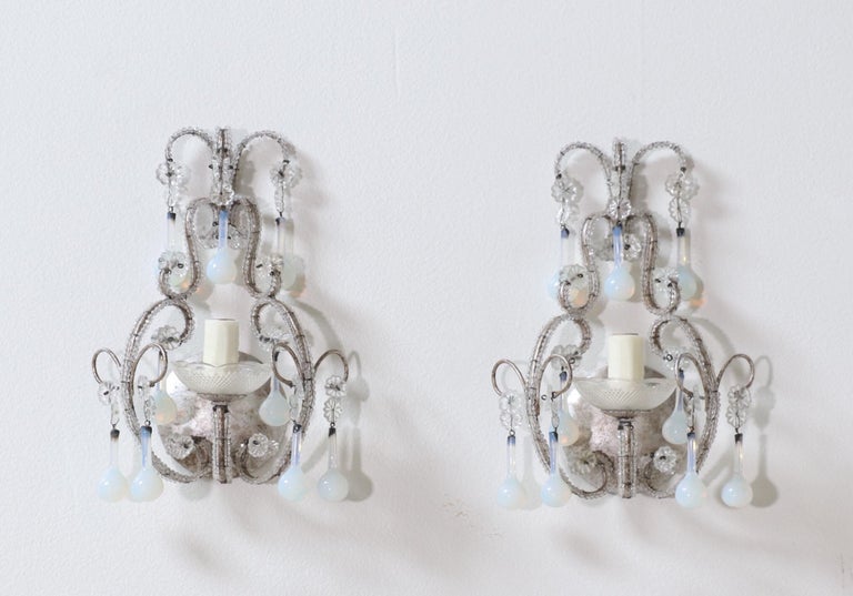 Italian Crystal Beaded Sconces with Opaline Drops at 1stDibs