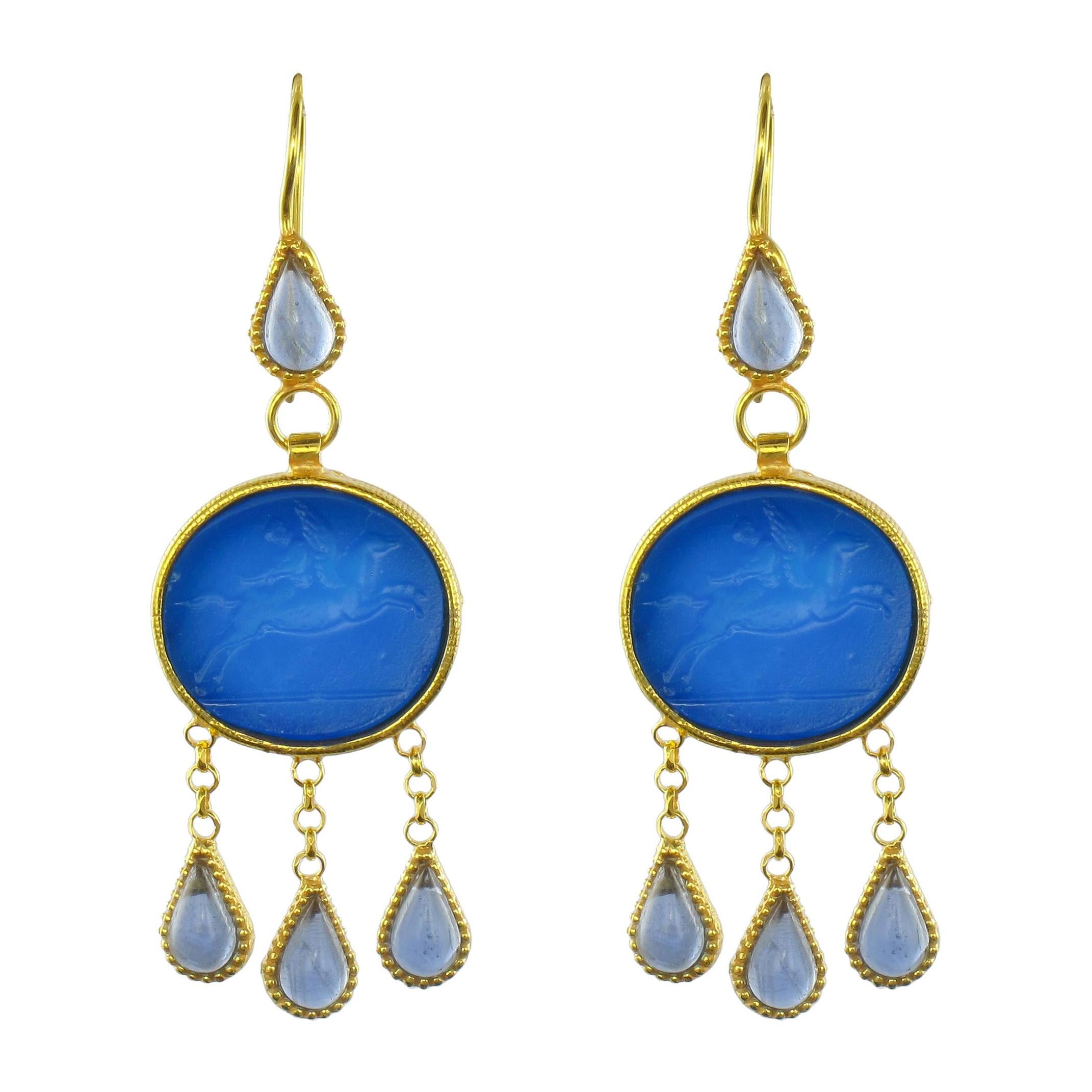 Italian Crystal Blue Intaglio Vermeil Pendant Earrings at 1stDibs