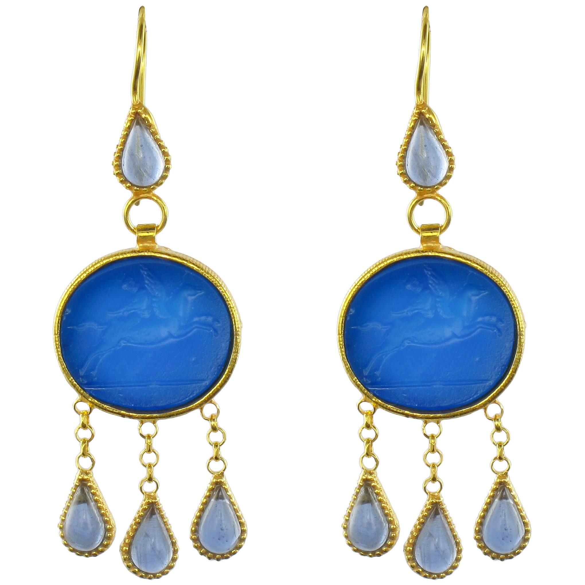 Italian Crystal Blue Intaglio Vermeil Pendant Earrings at 1stDibs | agmes
