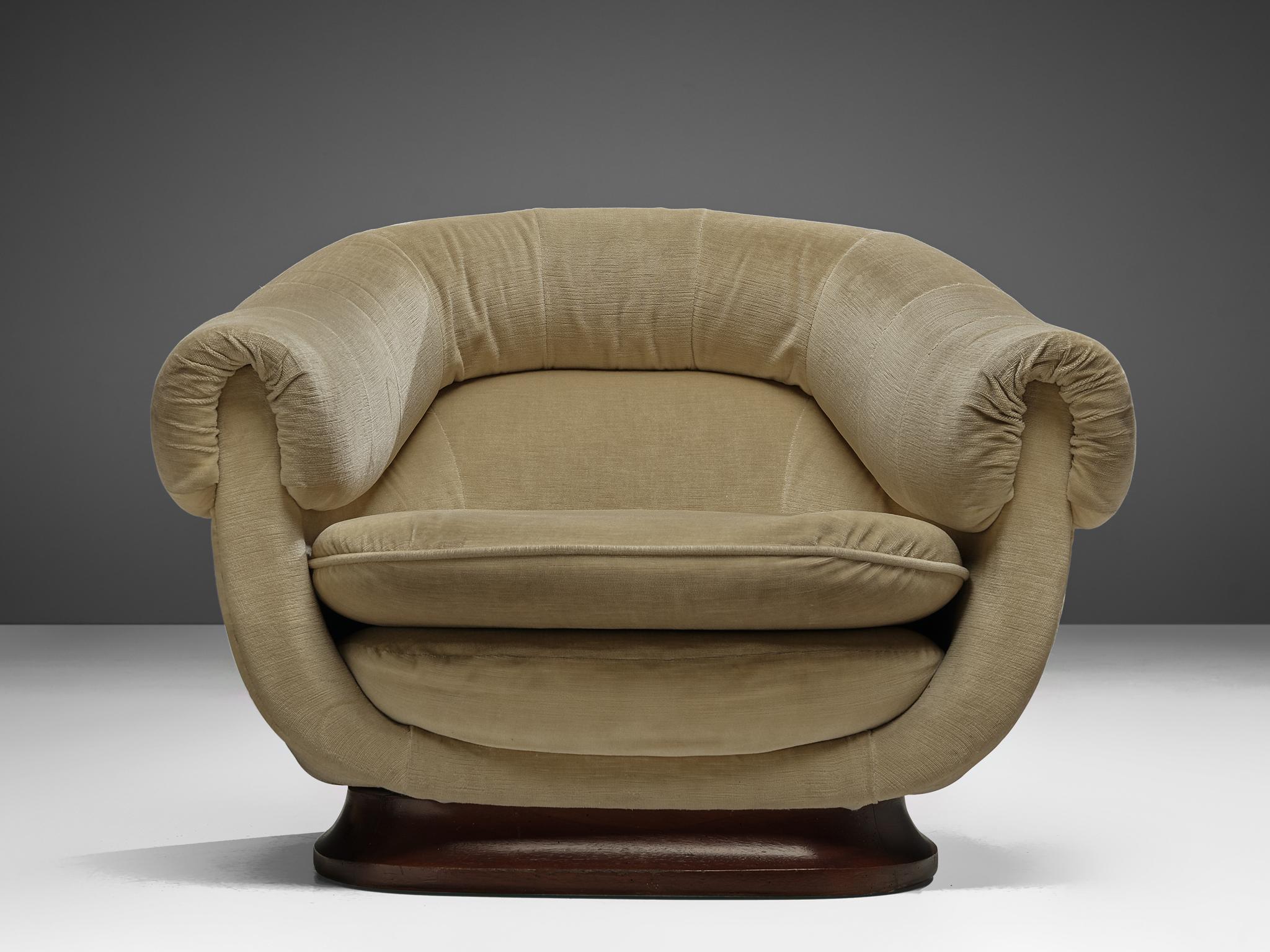 Italian Curved Lounge Chair in Light Beige Velours at 1stDibs