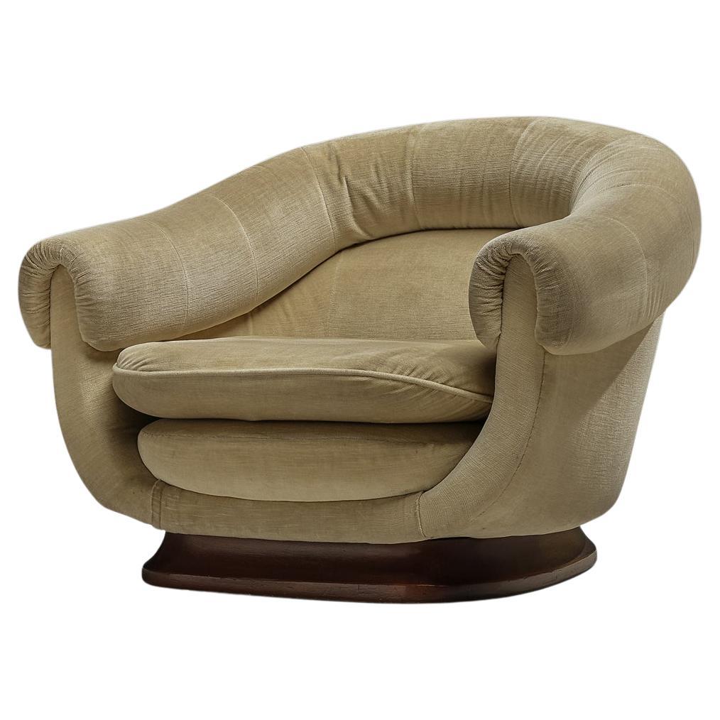 Italian Curved Lounge Chair in Light Beige Velours at 1stDibs