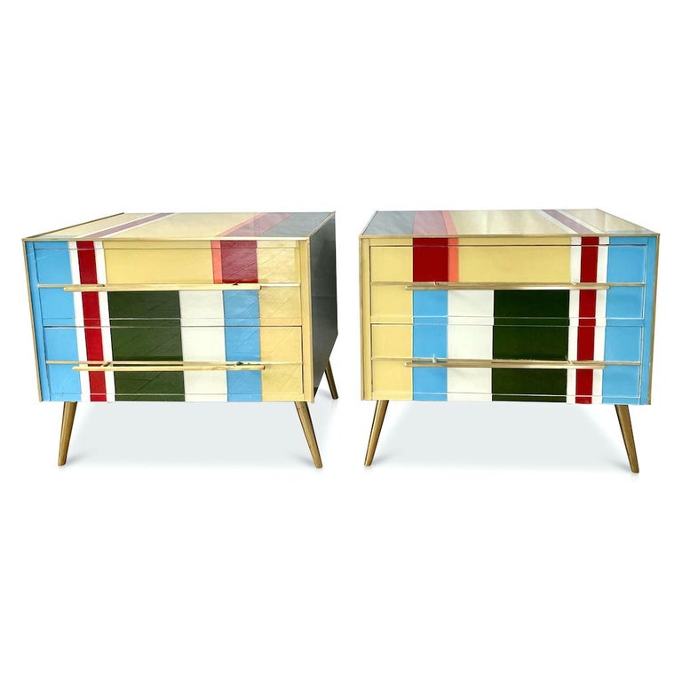 Italian Custom Pair of Mondrian Style Blue Green Yellow Glass Chests ...