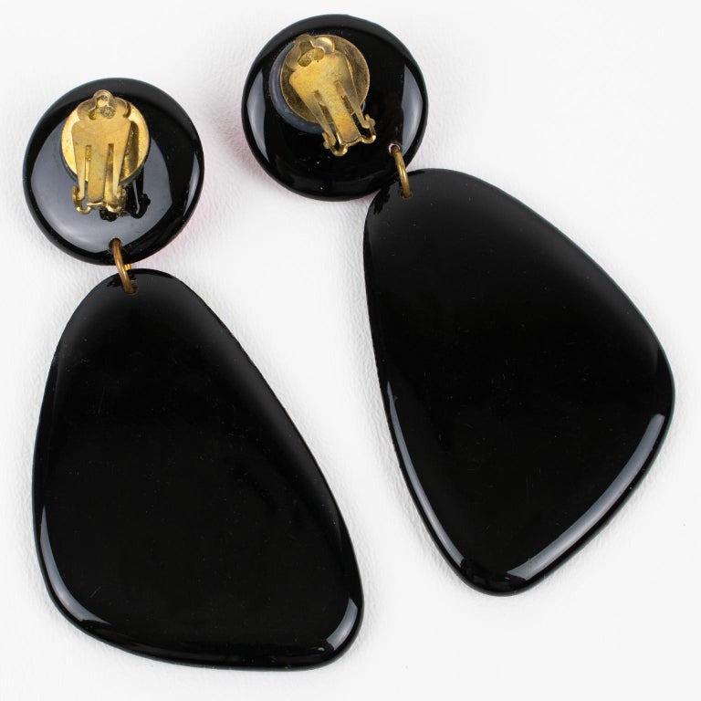 Italian Dangle Lucite Clip Earrings Blue, Gold and Pink For Sale at 1stDibs