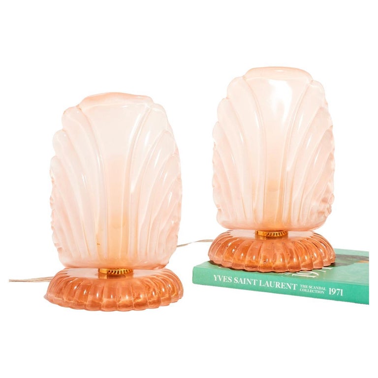 Italian Deco Style Peach Pink Glass Shell Lamps Set of Two at 1stDibs