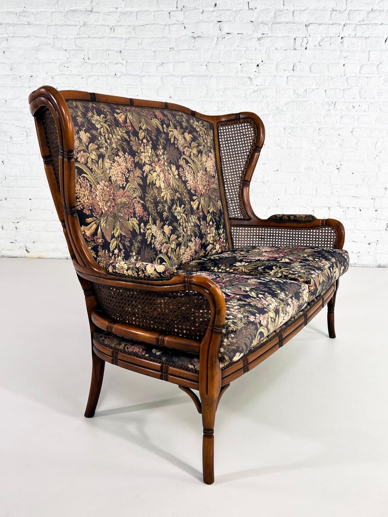 Italian Design Sculpted Wooden and Wicker Cane Wingback Two Seater Sofa ...