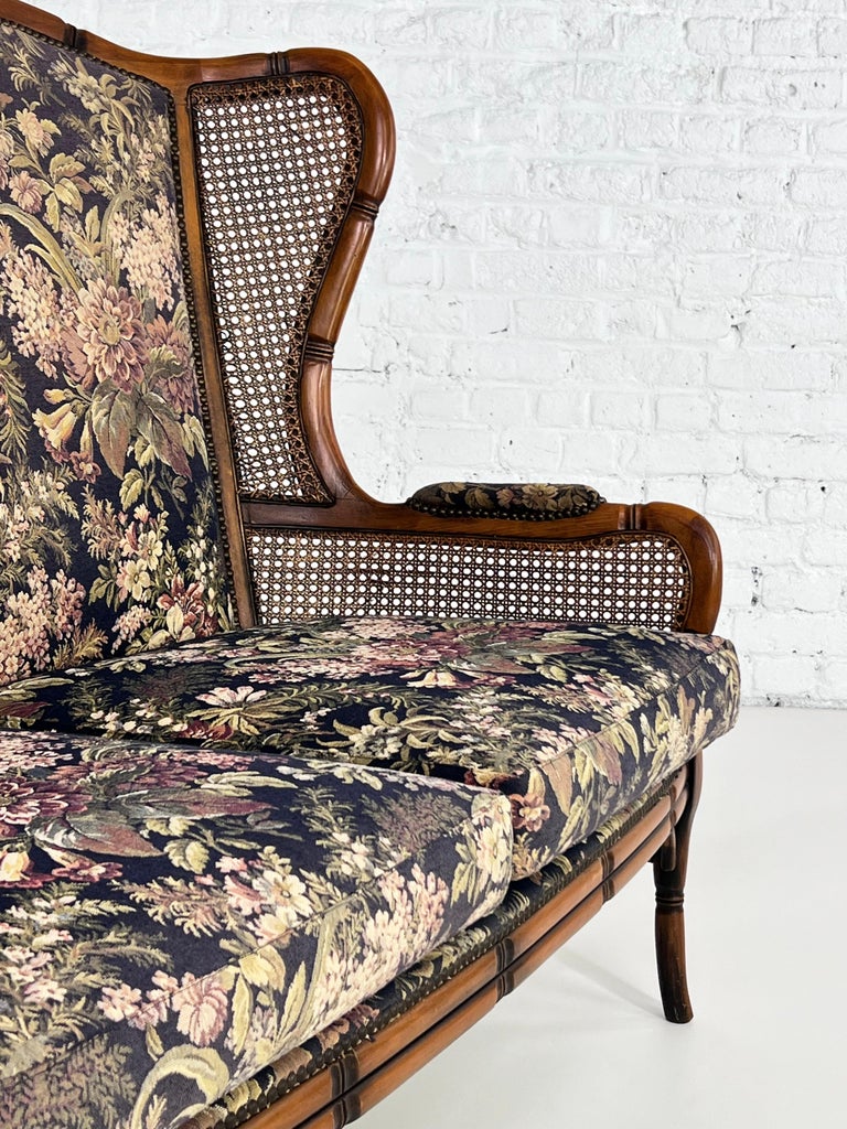 Italian Design Sculpted Wooden and Wicker Cane Wingback Two Seater Sofa ...
