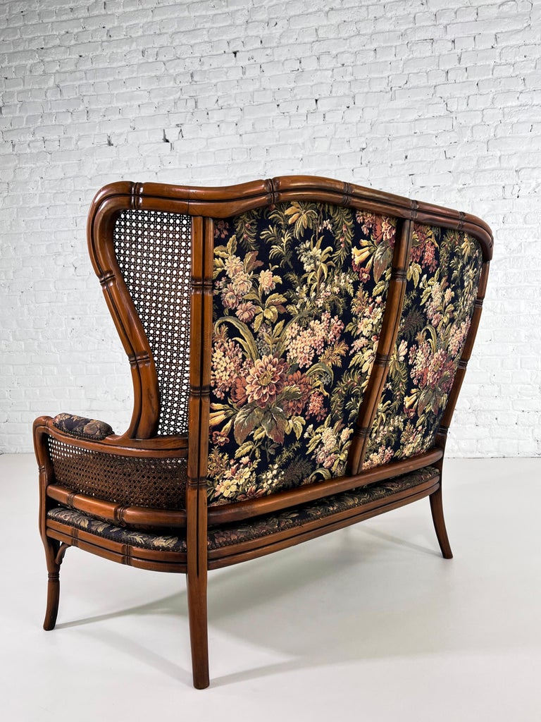 Italian Design Sculpted Wooden and Wicker Cane Wingback Two Seater Sofa ...