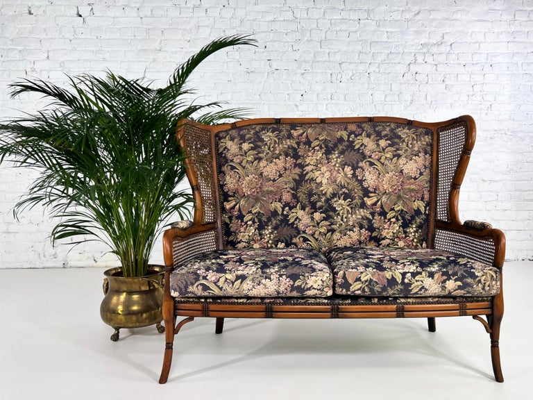 Italian Design Sculpted Wooden and Wicker Cane Wingback Two Seater Sofa ...