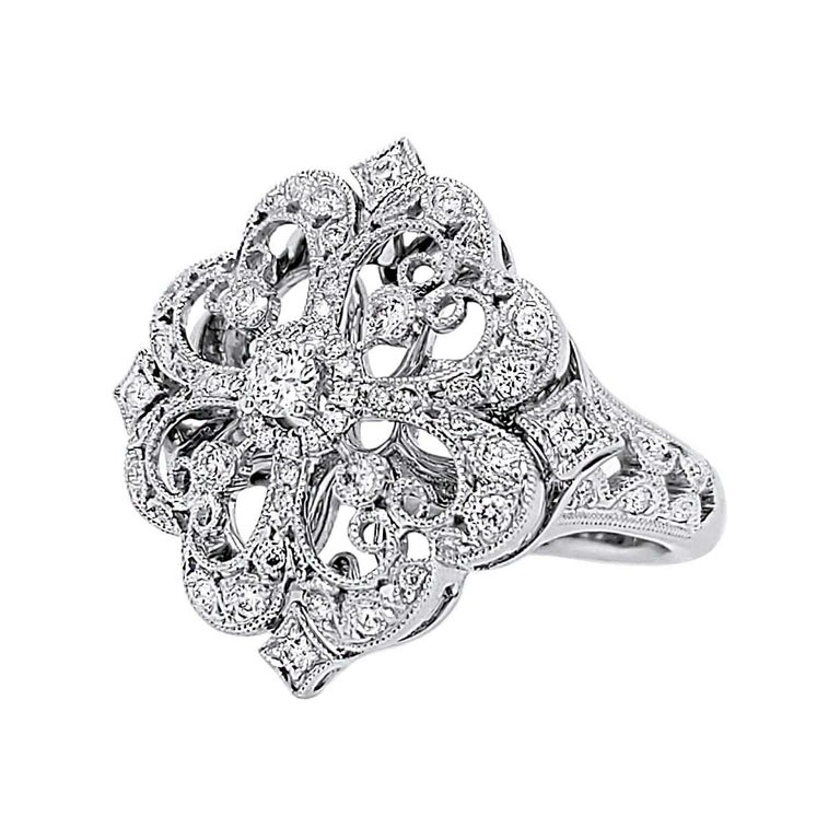 Italian Designer 18 Karat White Gold Flower Motif Diamond Ring For Sale ...