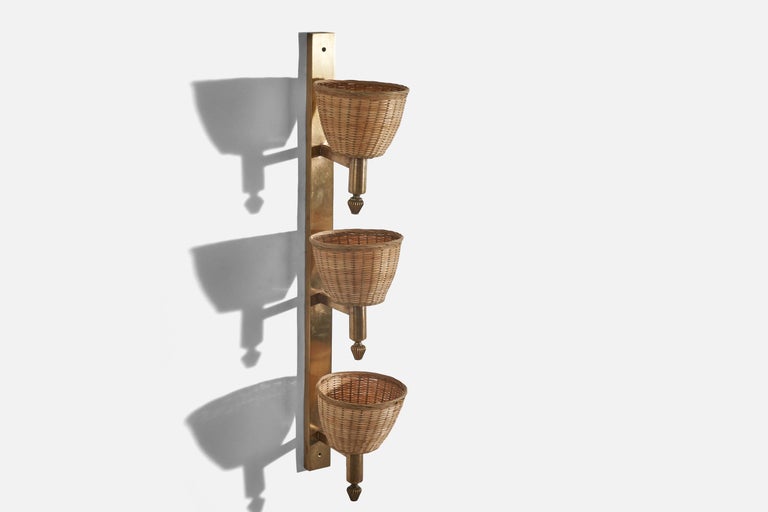 Italian Designer, 3-Light Wall Sconces, Brass, Rattan, Italy, 1930s For ...