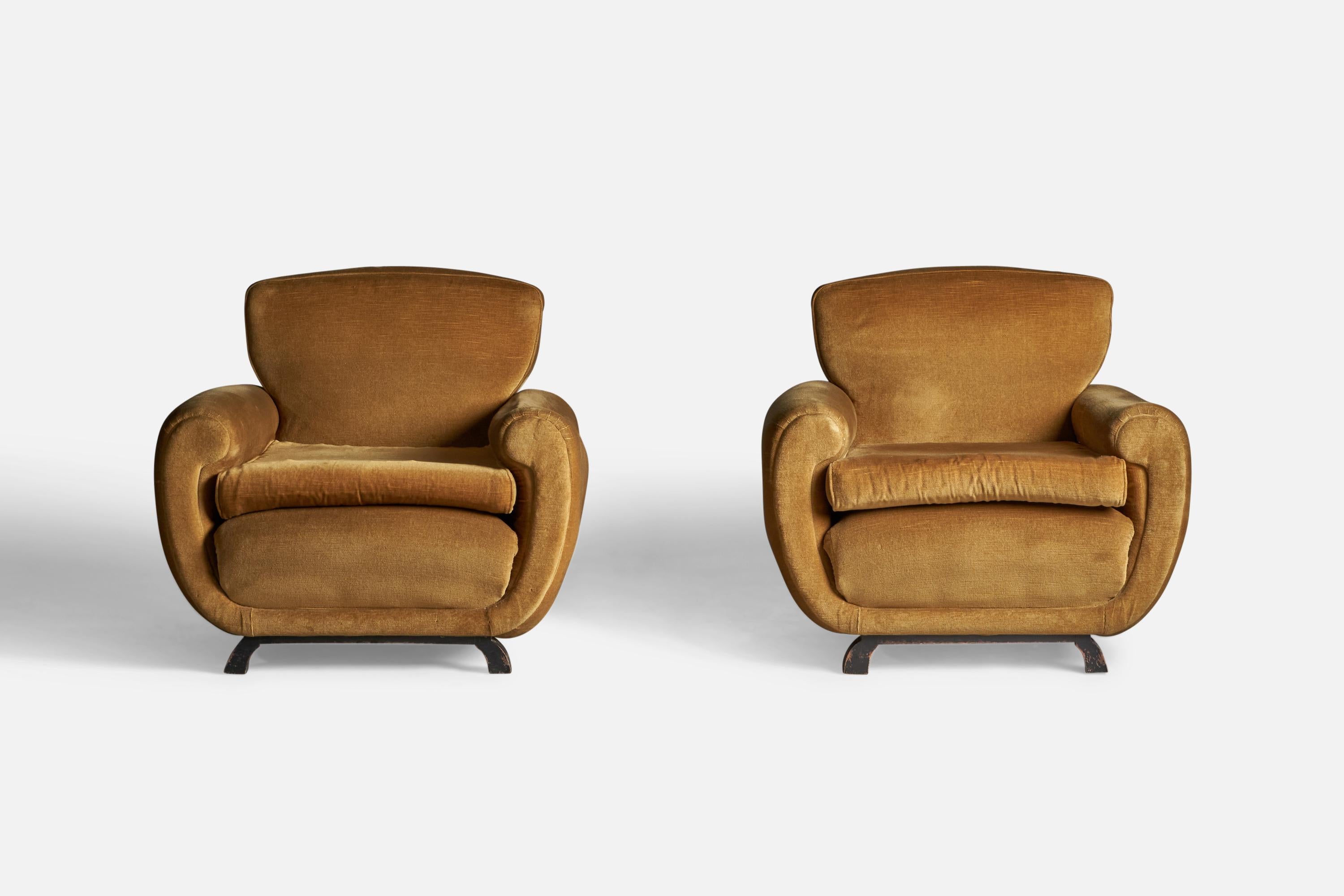 Italian Designer, Lounge Chairs, Velvet, Wood, Italy, 1930s at 1stDibs