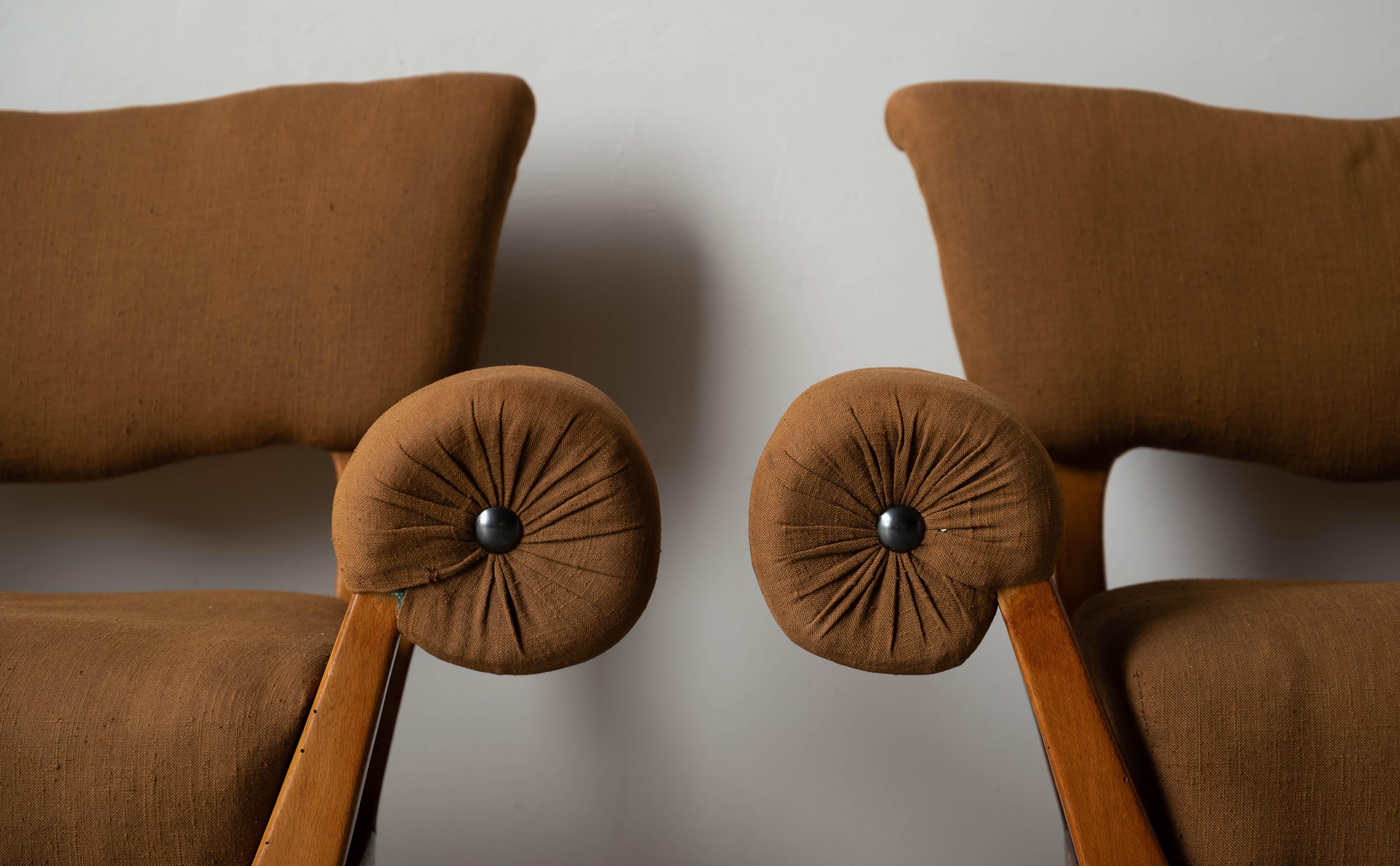 Italian Designer, Lounge Chairs, Wood, Brown Fabric, Italy, 1950s at ...