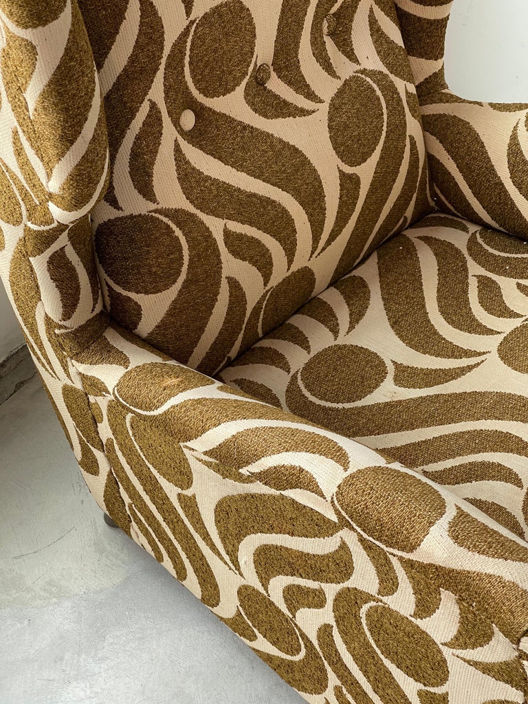 Italian Designer, Overstuffed Organic Lounge Chair, Walnut, Fabric ...