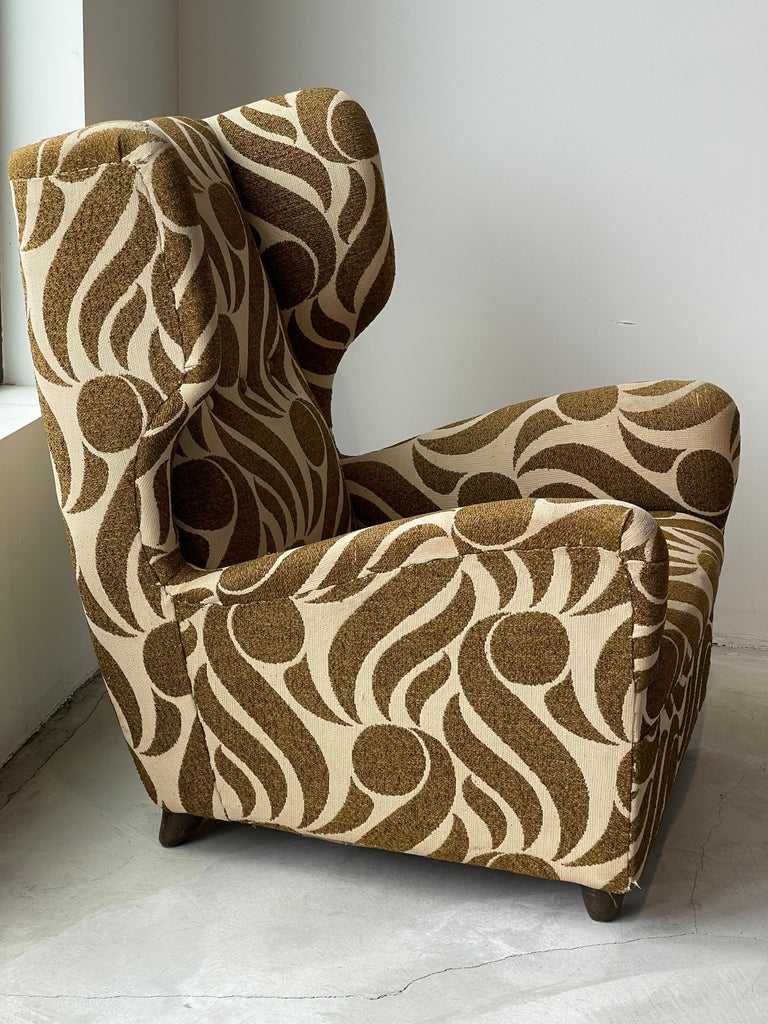 Italian Designer, Overstuffed Organic Lounge Chair, Walnut, Fabric ...