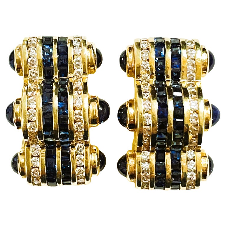 Italian Designer Sapphire and Diamond Omega Back Post Earrings with ...