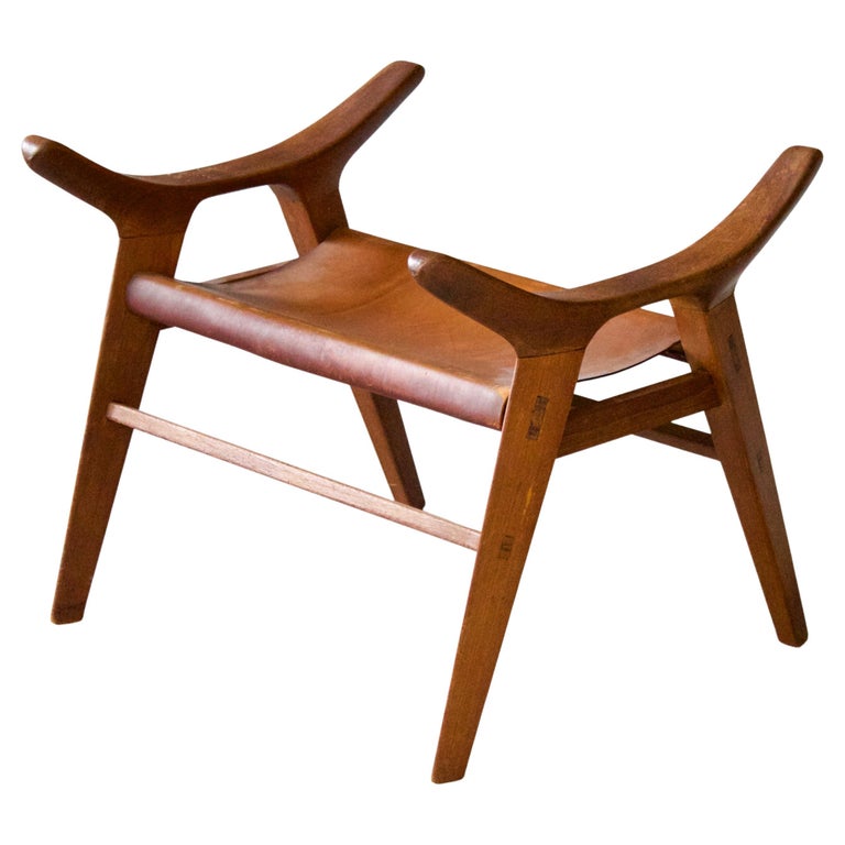 Italian Designer, Sculptural Stool, Teak and Leather, Italy, 1950s For ...