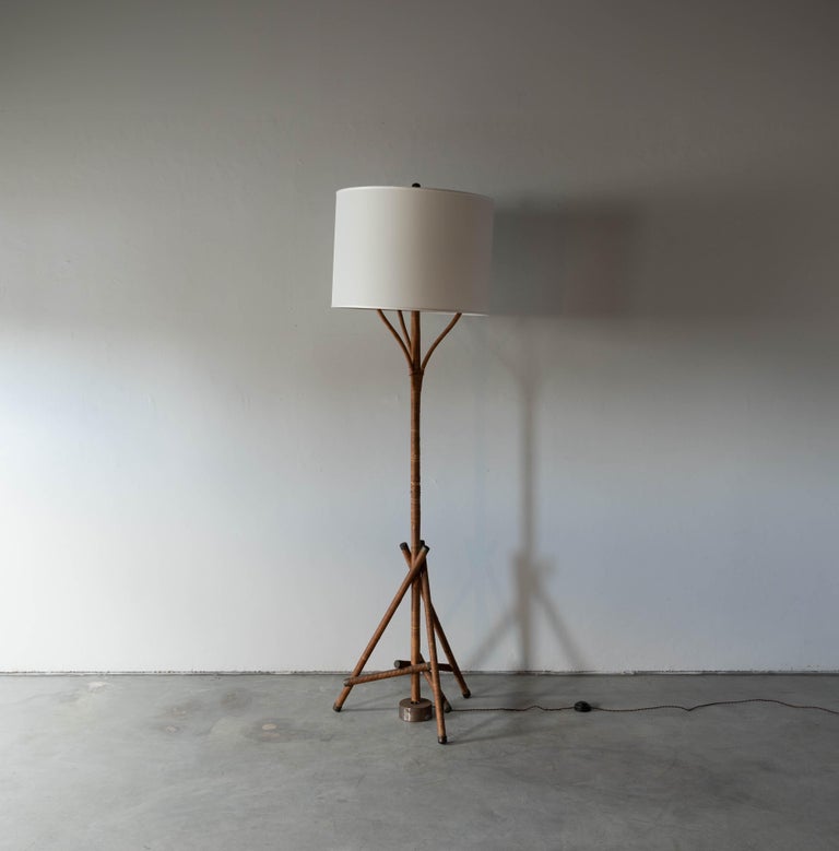 Italian Designer, Sizeable Floor Lamp, Metal, Rattan, Fabric, Italy ...