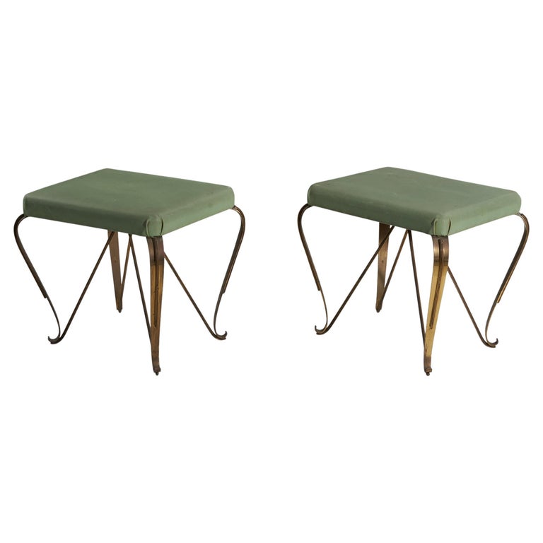 Italian Designer, Stools, Brass, Green Vinyl, Italy, 1940s at 1stDibs