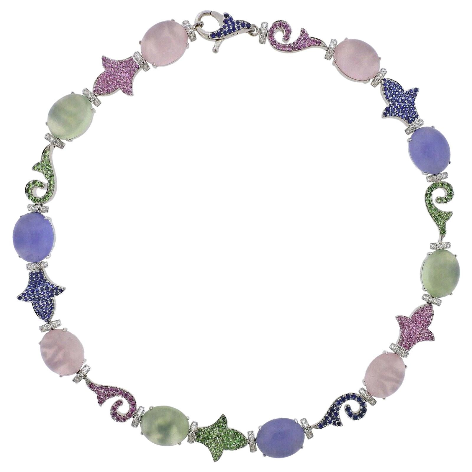 Multi-Color Gemstone Diamond Gold Necklace For Sale at 1stDibs