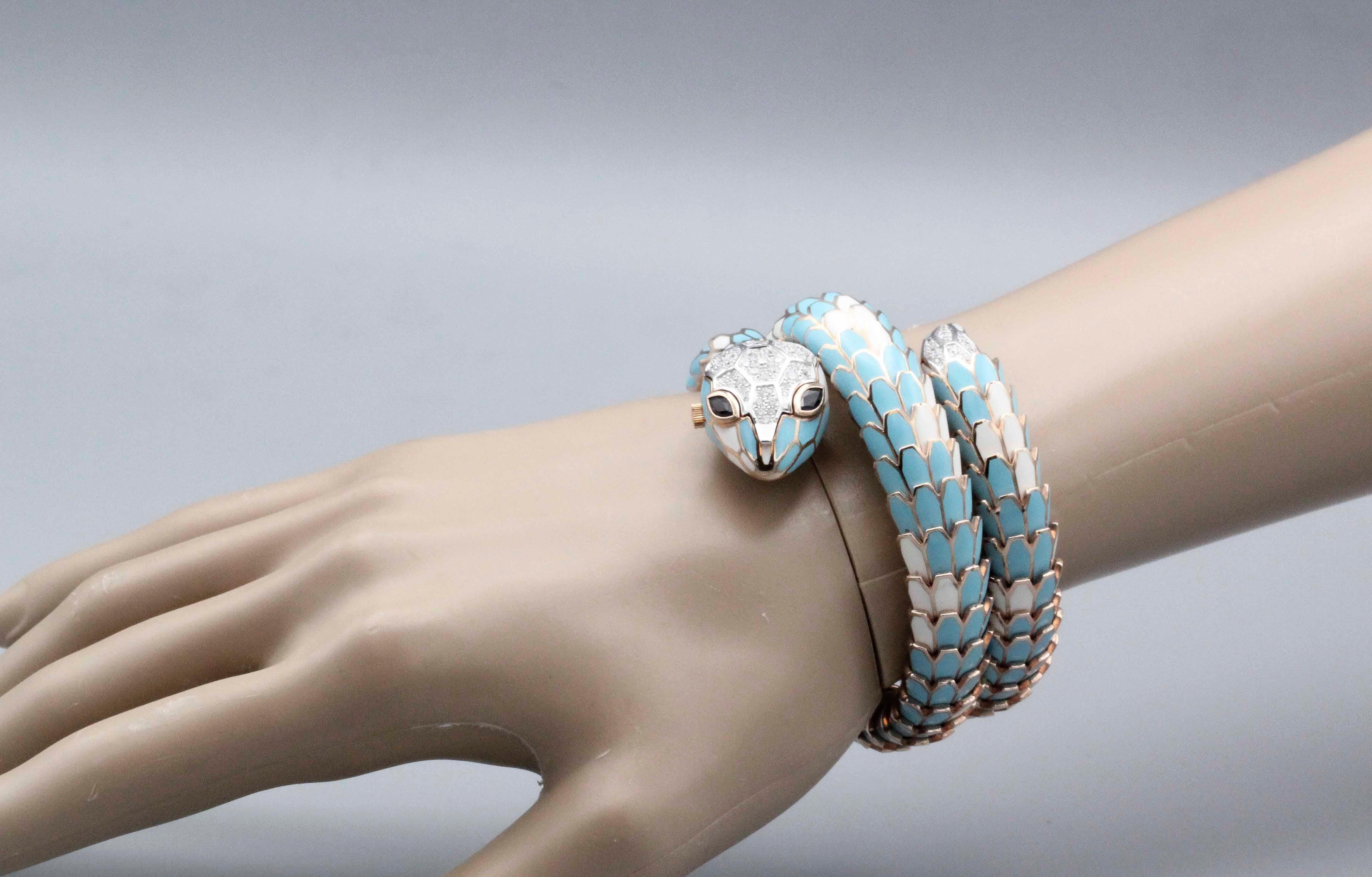 Italian Diamond Sapphire 18k White Gold Silver Enamel Snake Watch ...