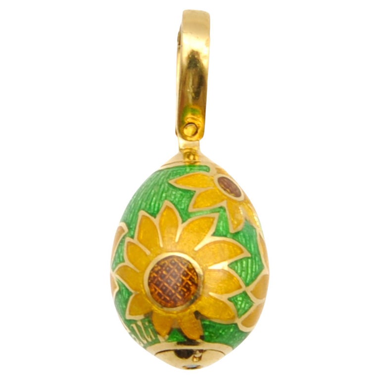 Italian Egg Diamond Sunflower Enamel 18k Gold Pendant For Sale at 1stDibs