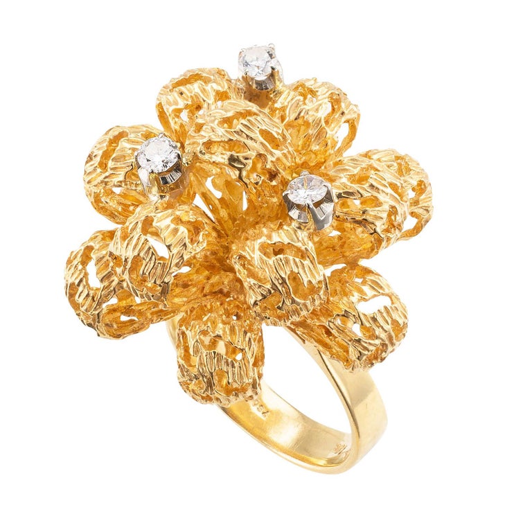Italian Diamond Yellow Gold Puffed Ribbon Bow Cocktail Ring at 1stDibs