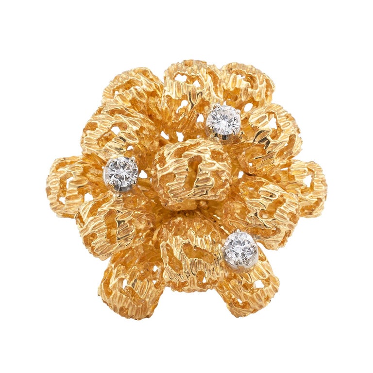Italian Diamond Yellow Gold Puffed Ribbon Bow Cocktail Ring at 1stDibs